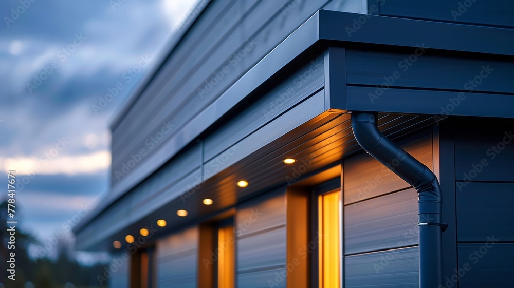 Poster New gutter and downspout installed on a modern house ...