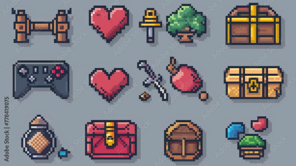 Bold Pixel-Art Icons for Retro Gaming: Joystick, Pixel Heart, 8-Bit ...
