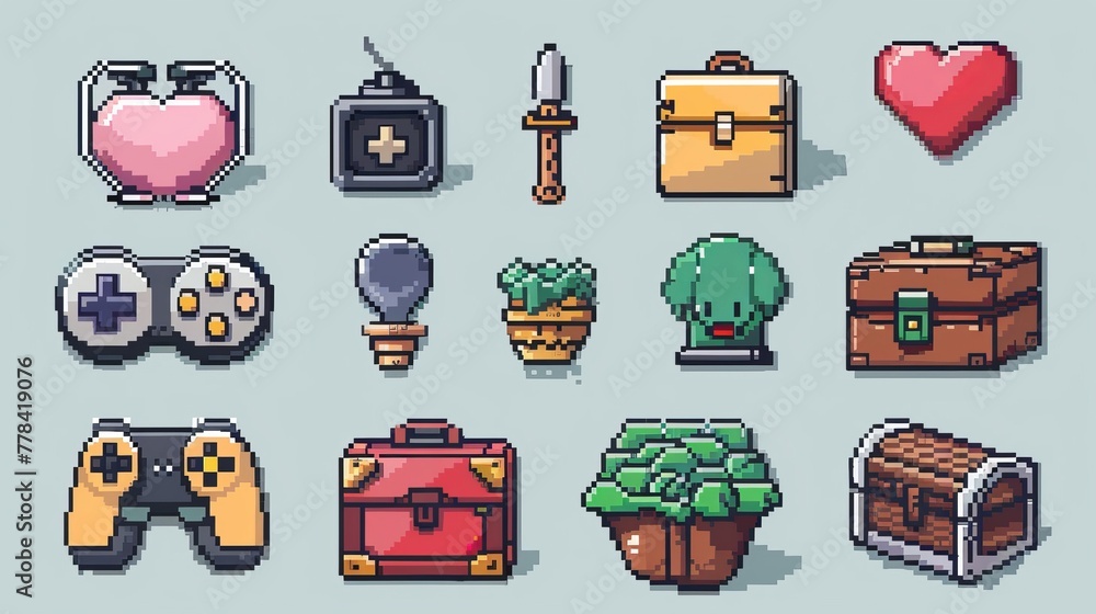 Bold Pixel-Art Icons for Retro Gaming: Joystick, Pixel Heart, 8-Bit ...