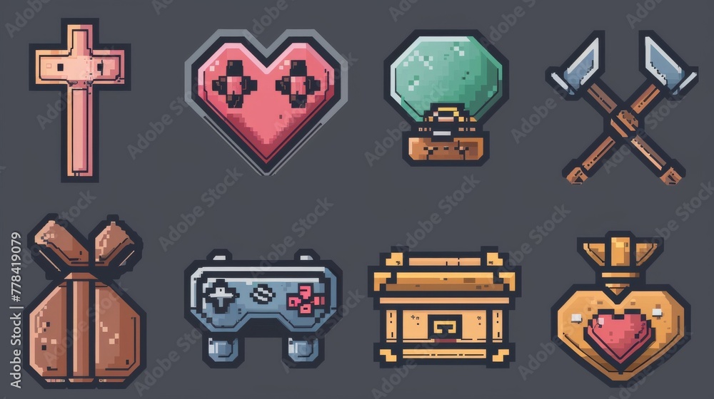 Bold Pixel-Art Icons for Retro Gaming: Joystick, Pixel Heart, 8-Bit ...