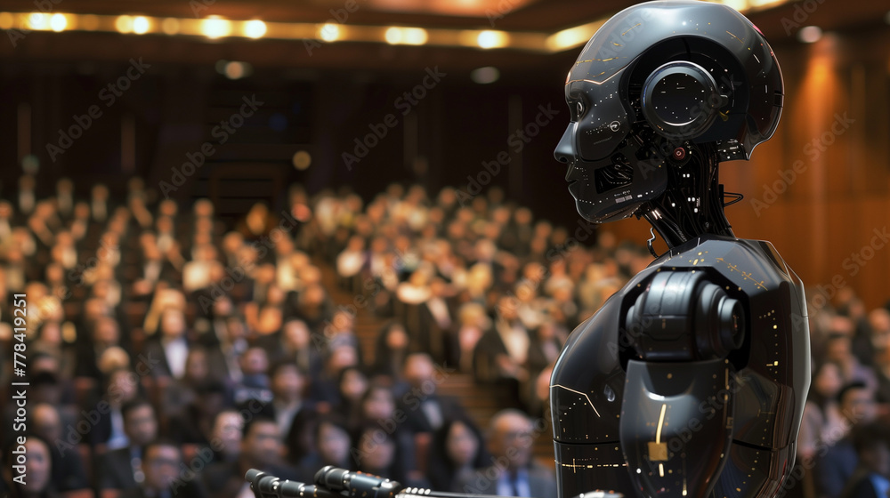 An advanced robot delivering a speech to an engaged audience at a ...