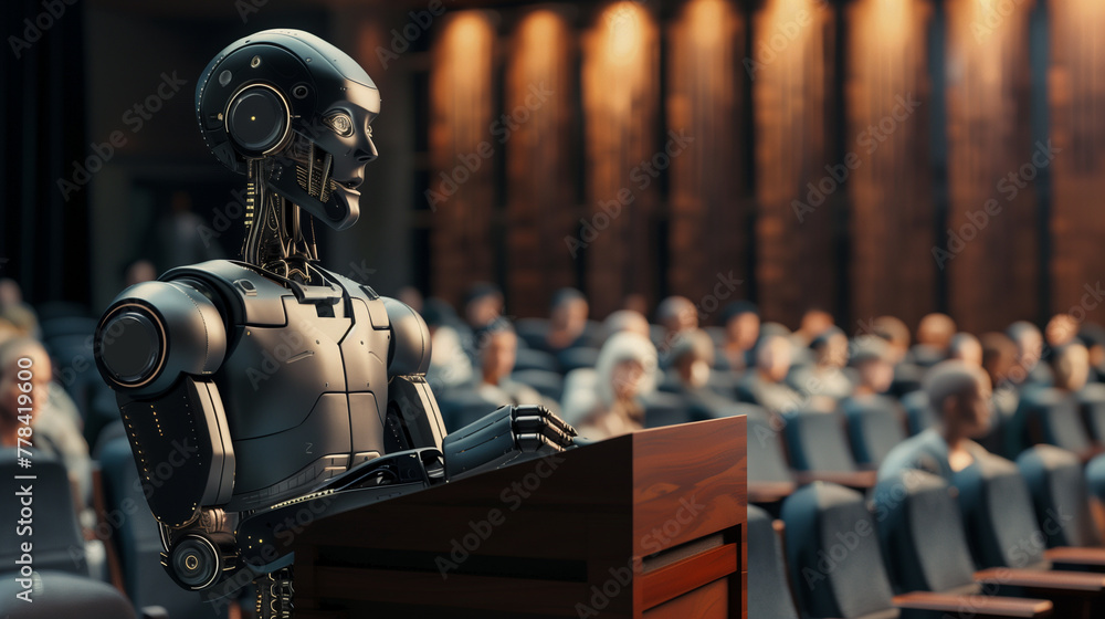 An advanced robot delivering a speech to an engaged audience at a ...