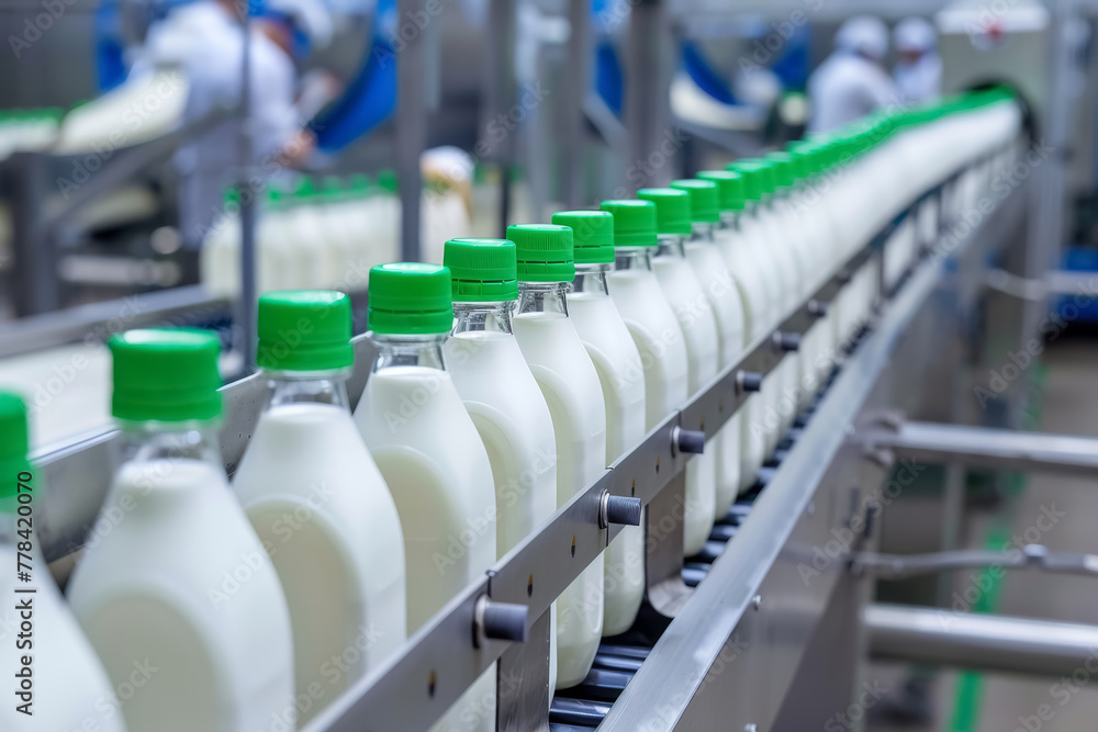 Conveyor belt with uniform milk bottles and green caps at dairy ...