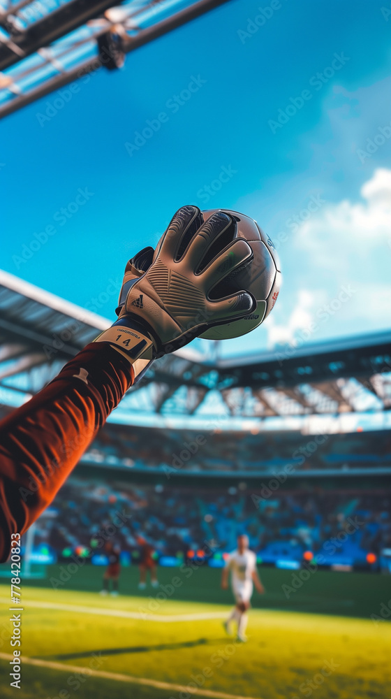 Close-up shot of a goalie stretching to catch a soccer ball in a match ...