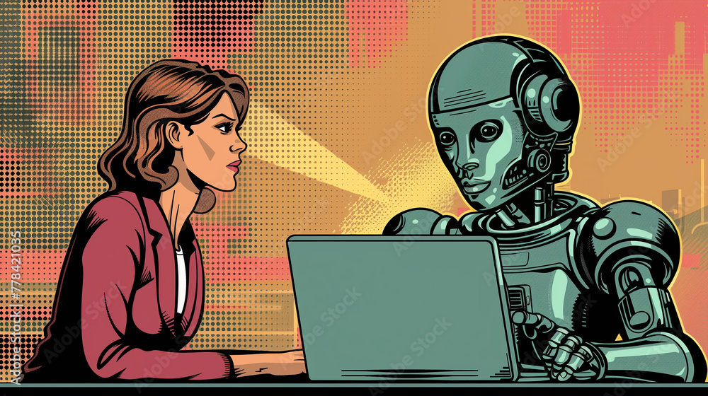 Depiction of a female executive conducting an interview with a robot ...