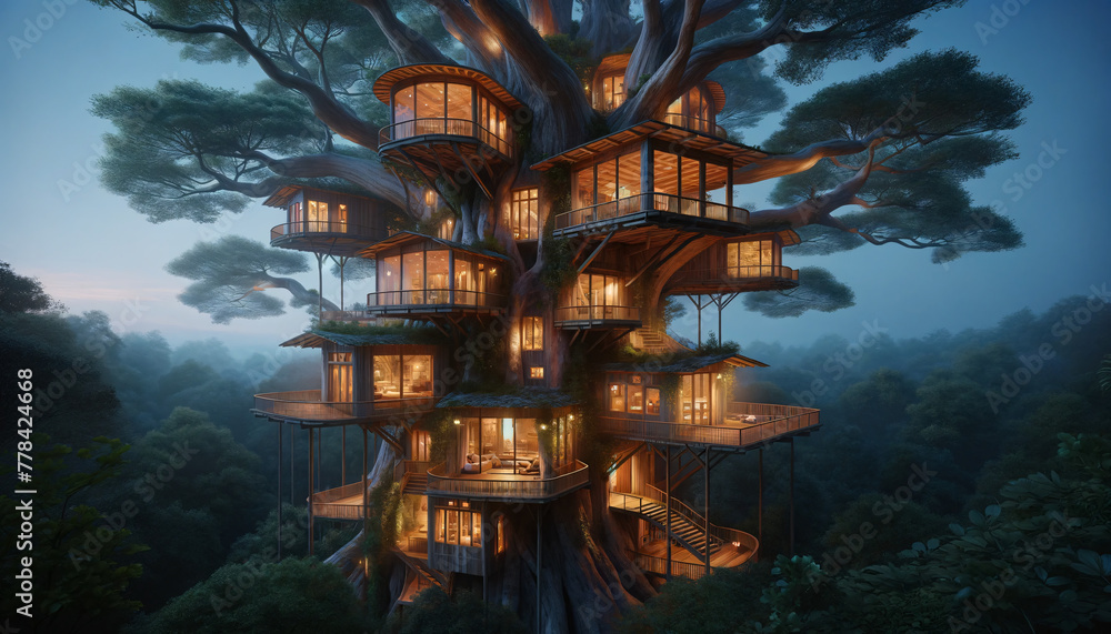 Envision a multi-level treehouse nestled within the branches of an ...
