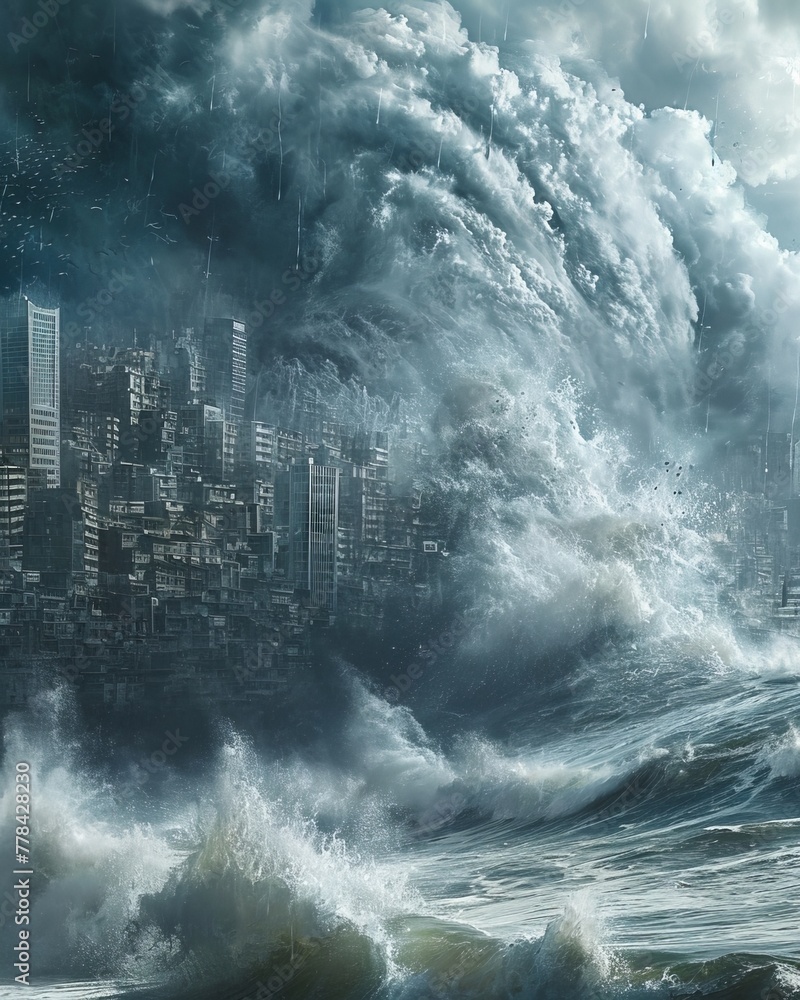 A depiction of a natural rampage, with a massive tidal wave crashing ...