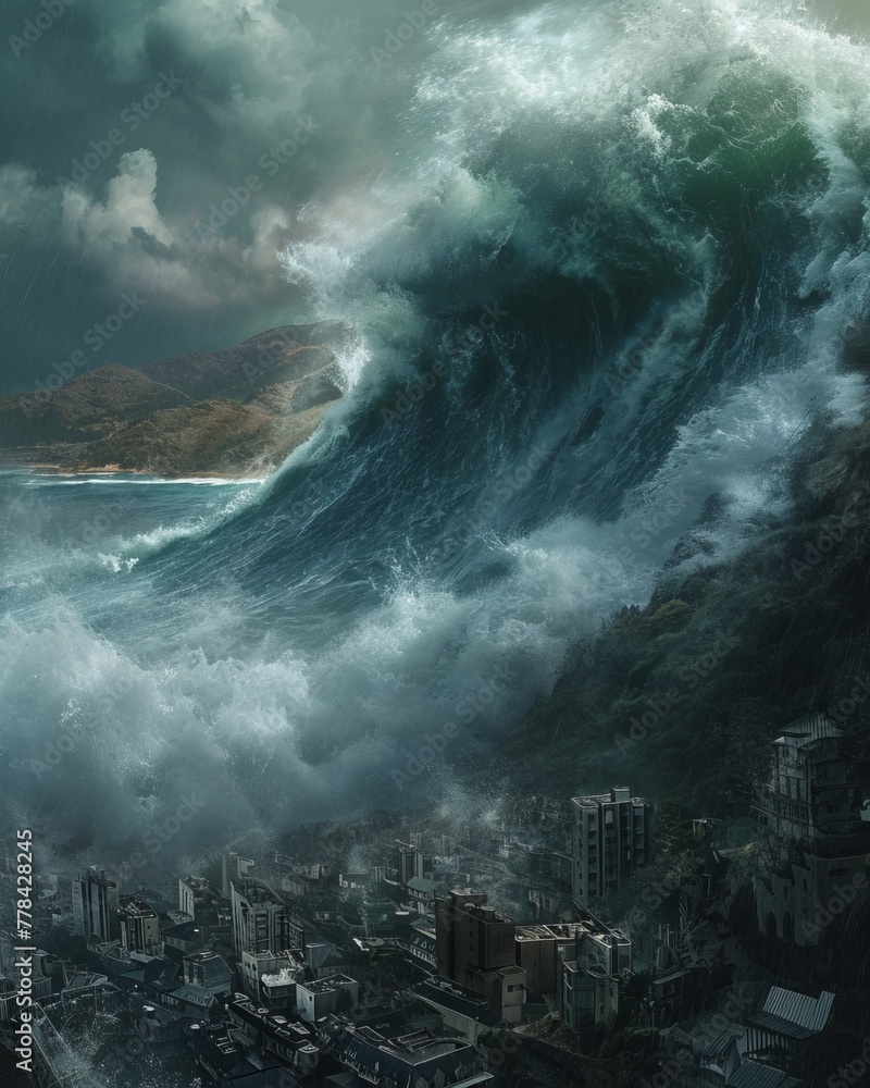 A depiction of a natural rampage, with a massive tidal wave crashing ...