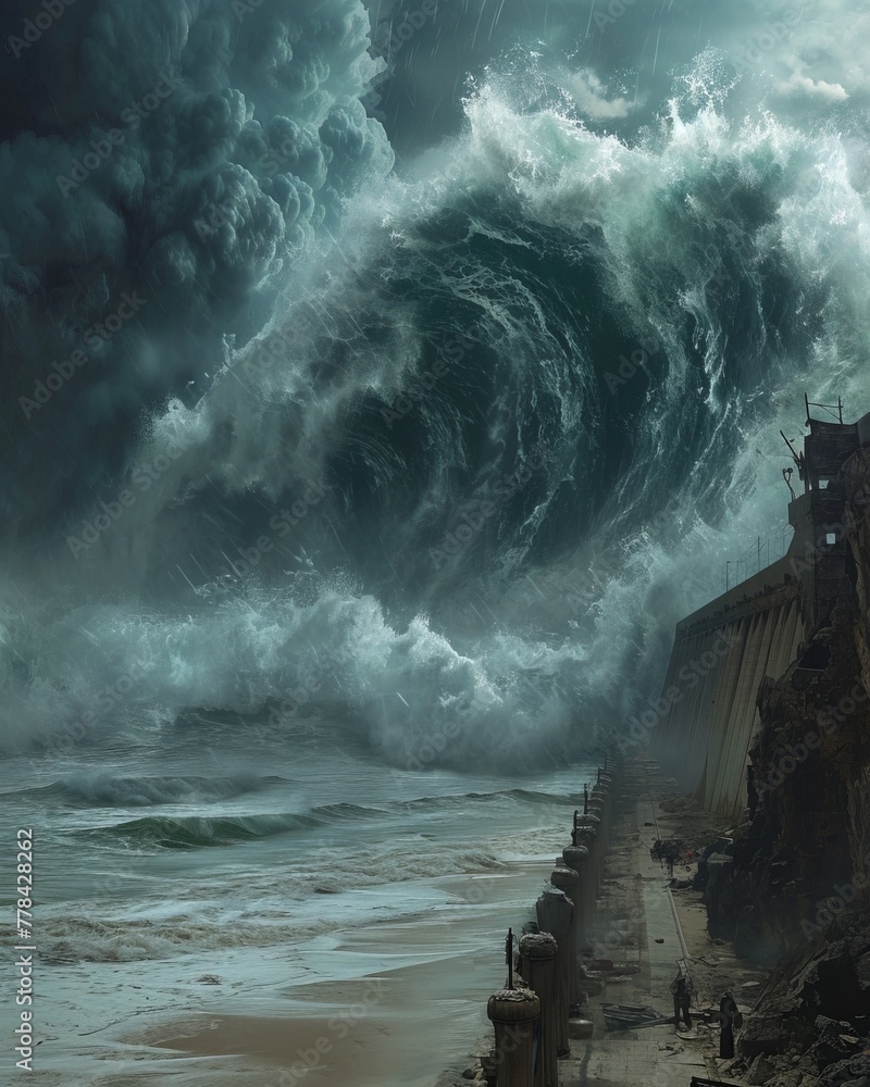 A depiction of a natural rampage, with a massive tidal wave crashing ...