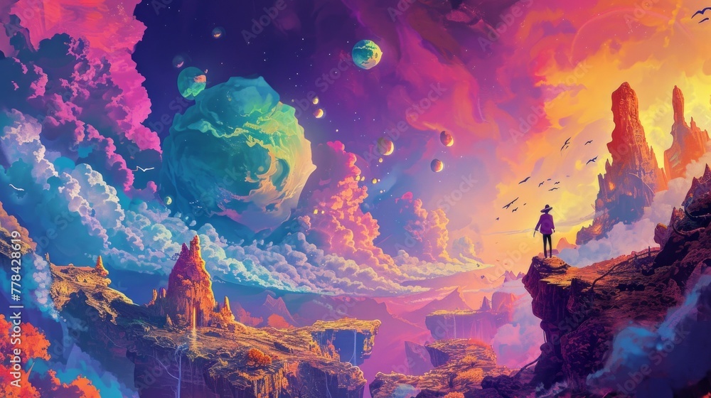 Fantastical scene of a treasure hunter navigating through a surreal ... Fantastical scene of a treasure hunter navigating through a surreal ...
