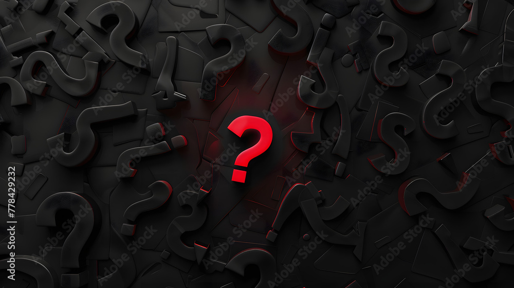3-dimensional question marks on a black background, red light in the ...