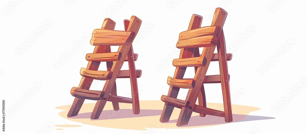 Two wooden ladders are placed side by side on a white background ...
