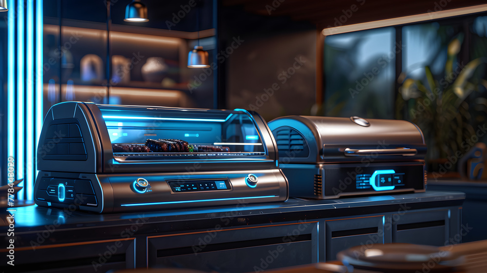 A futuristic smart grill with holographic displays showcasing the ...
