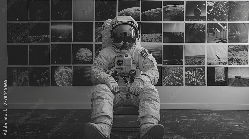 vintage astronaut suit displayed in front of a wall filled with black ...