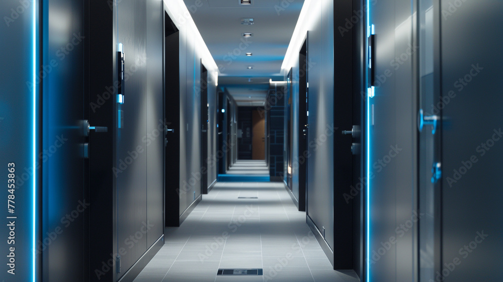 A sleek hallway featuring smart lighting systems that adjust brightness ...