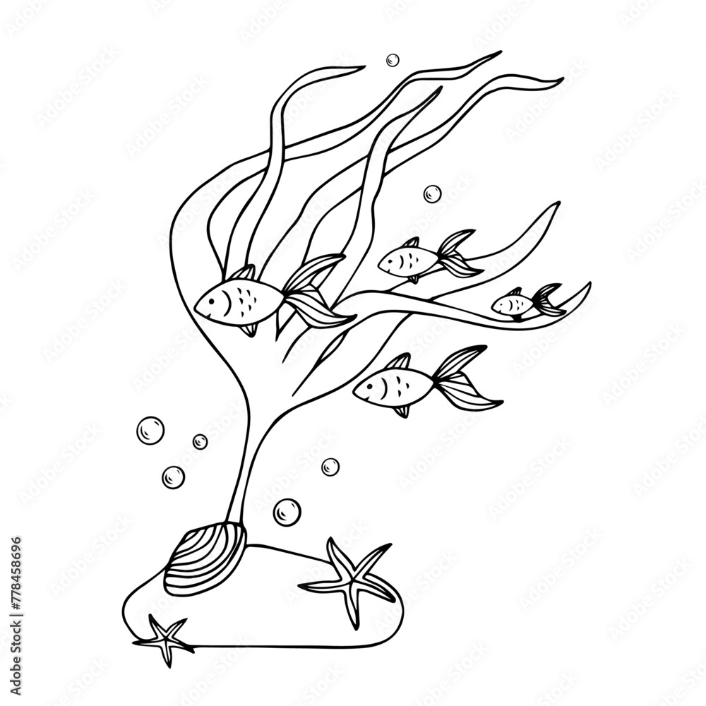Poster Sketch, doodles of algae with schools of fish. Vector graphics ...