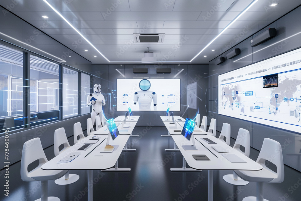 A tech-forward study room with AI-enhanced learning tools and ...