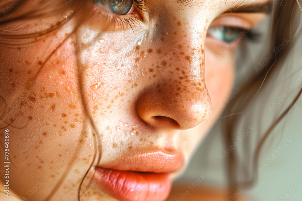 A close-up view of a womans face showing prominent freckles scattered ...