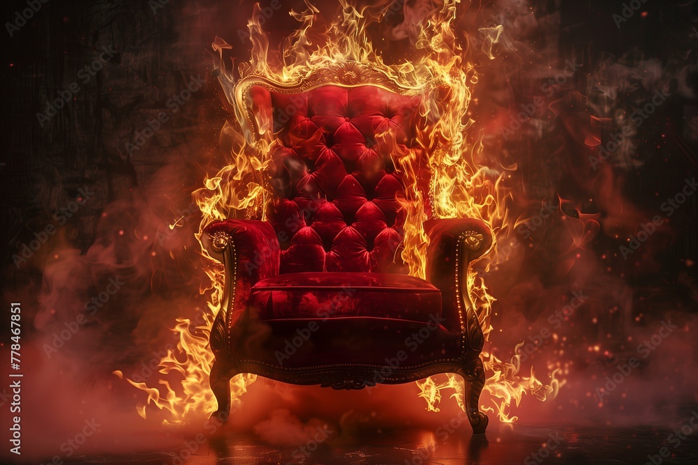 red velvet chair with golden elements. Burning flames on the black ...