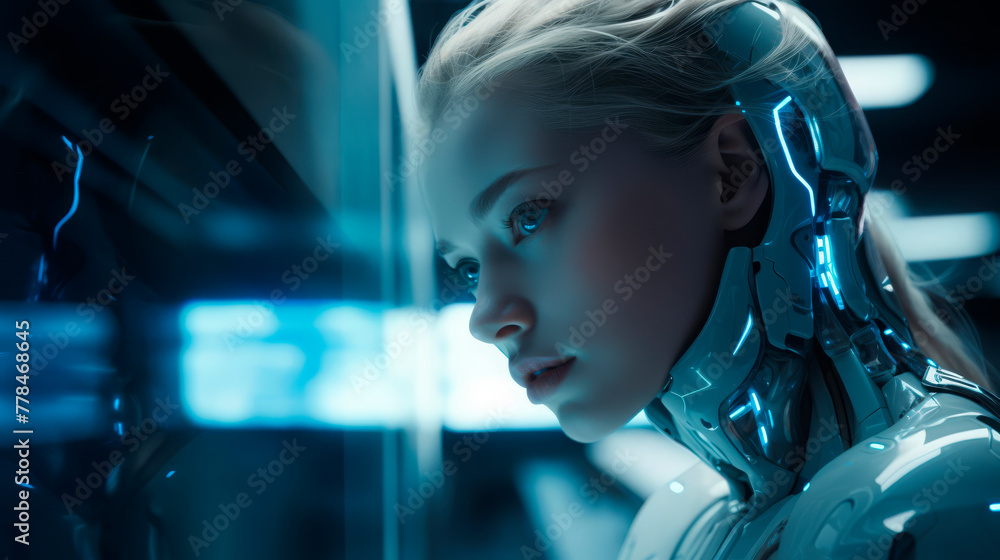 Futuristic female cyborg in a high-tech lab, ideal for concepts about ...