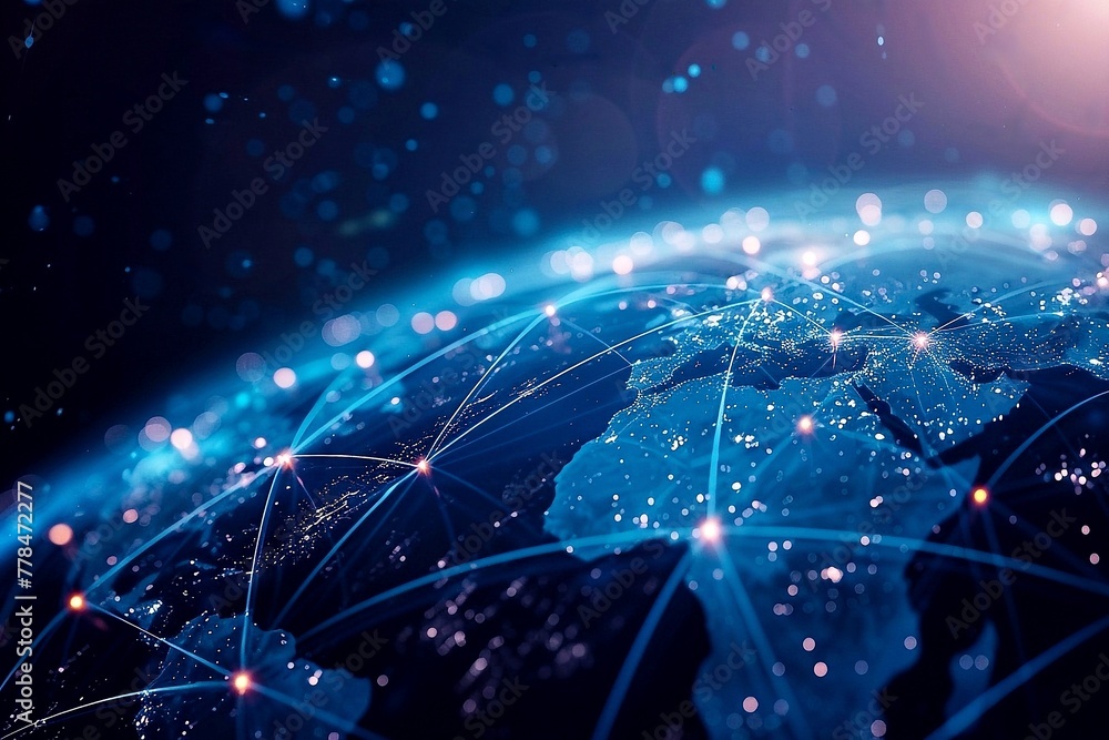 Global network. World map on a technological background, glowing lines ...