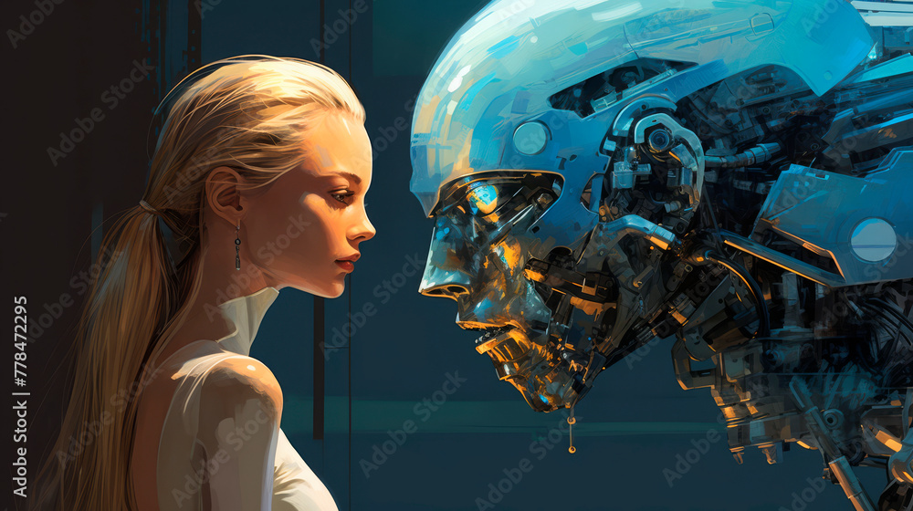 Woman facing a disintegrating robot, for AI and robotics themes ...