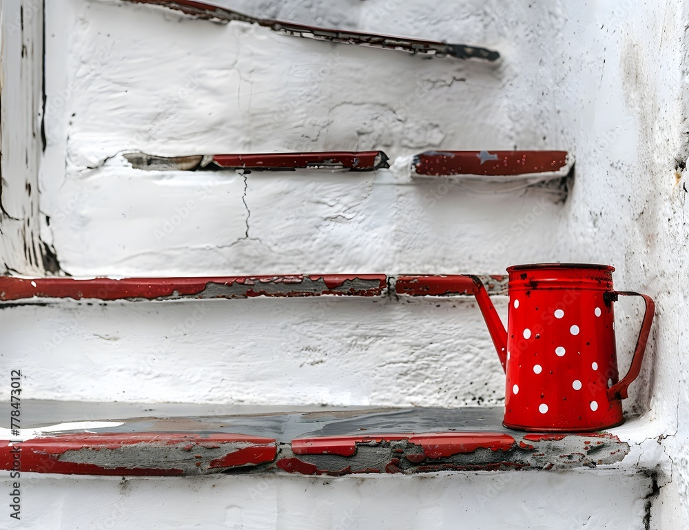 Metal milk jug, red with dots, traditional pattern, on the steps of an ...