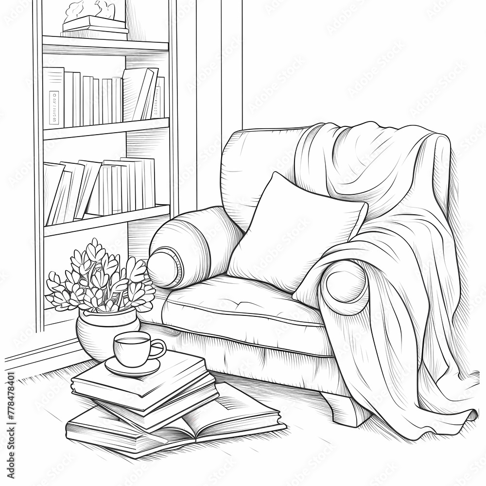 Cozy Reading Nook with Comfortable Sofa Chair Blanket and Bookshelf ...