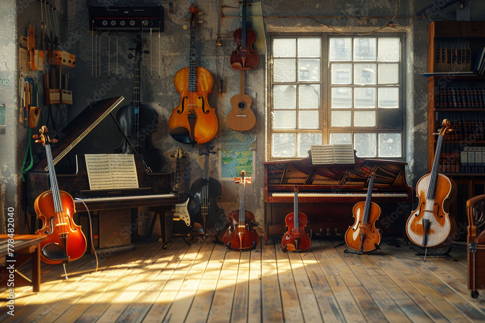 An atmospheric school music room with various musical instruments ...