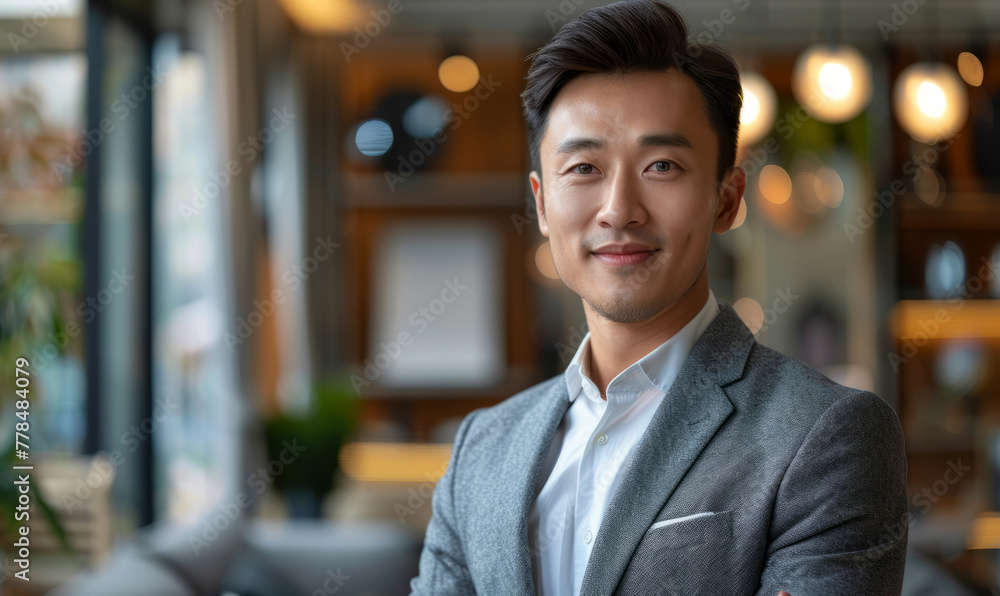Young Chinese real estate agent at work, realistic portrait, happy face ...