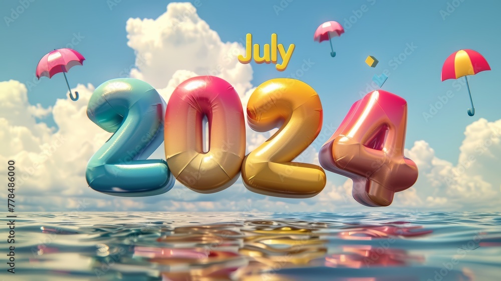 3D text 'July 2024' with inflatable balloon effect above water surface ...