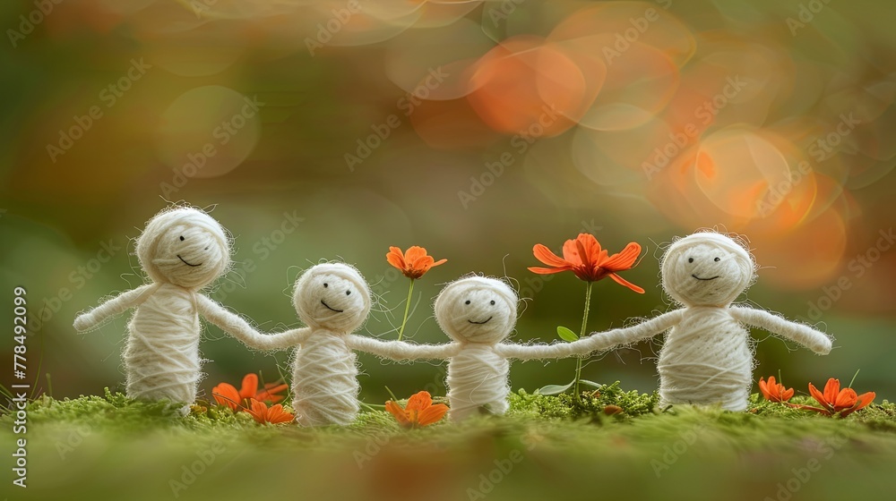 Composition of four smiling dolls holding hands and symbolizing a ...