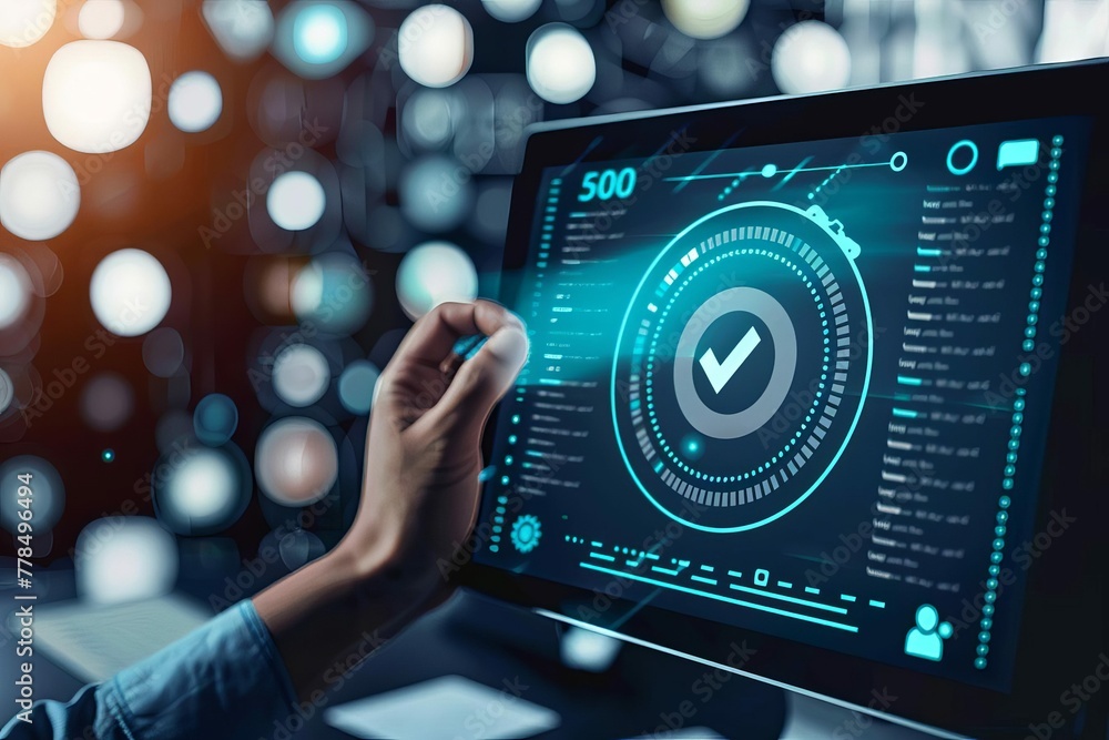 ISO 9001 certification symbol on virtual screen, quality management standardization concept ...