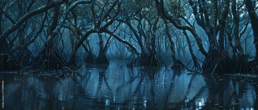 Spooky dark tropical forest, scary woods with strange mangrove trees ...