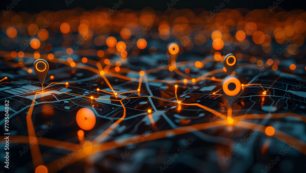 A digital map featuring interconnected location pins, symbolizing ...