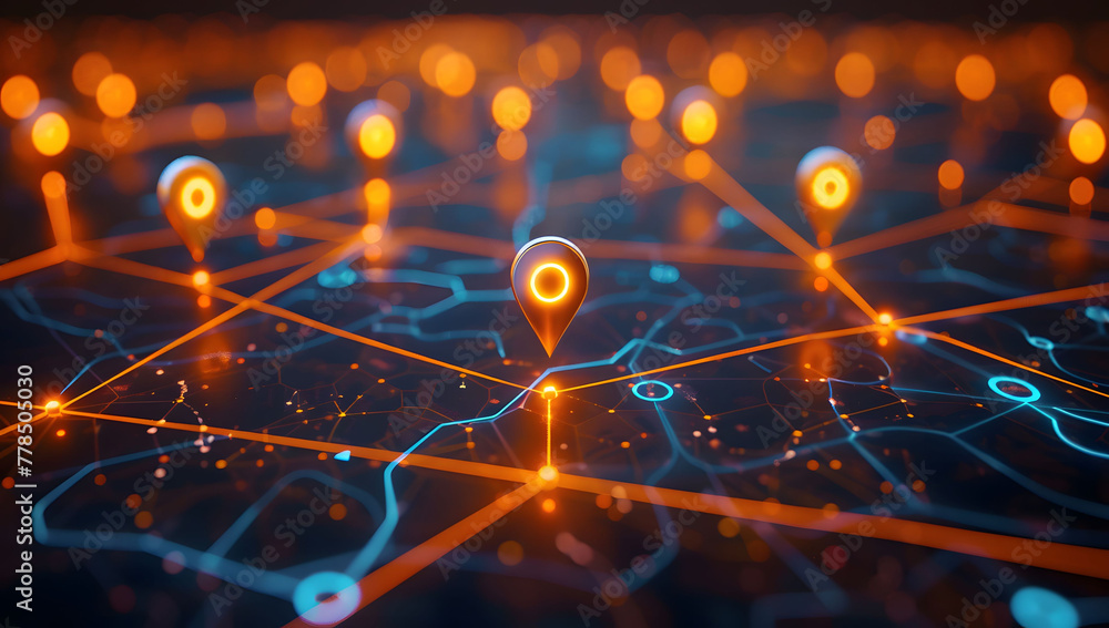 A digital map featuring interconnected location pins, symbolizing ...