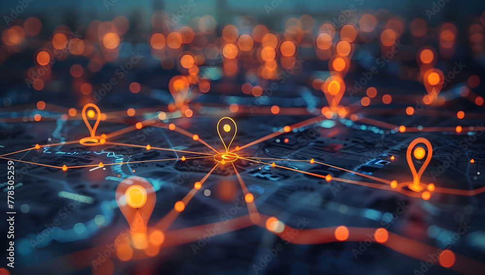 A digital map featuring interconnected location pins, symbolizing global network connectivity ...