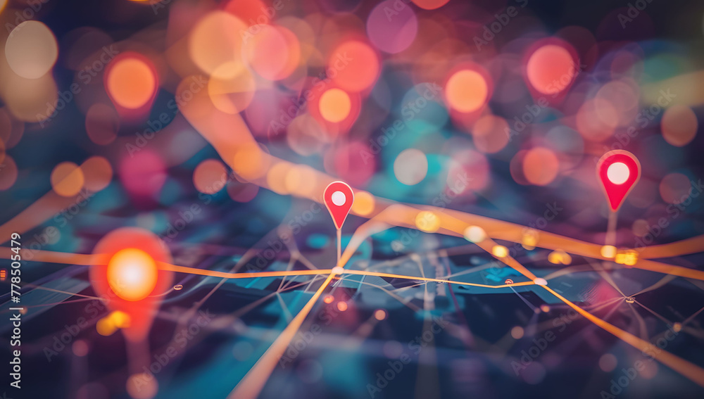 A digital map featuring interconnected location pins, symbolizing global network connectivity ...