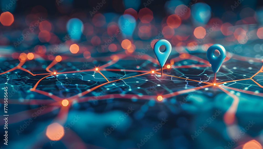 A digital map featuring interconnected location pins, symbolizing global network connectivity ...