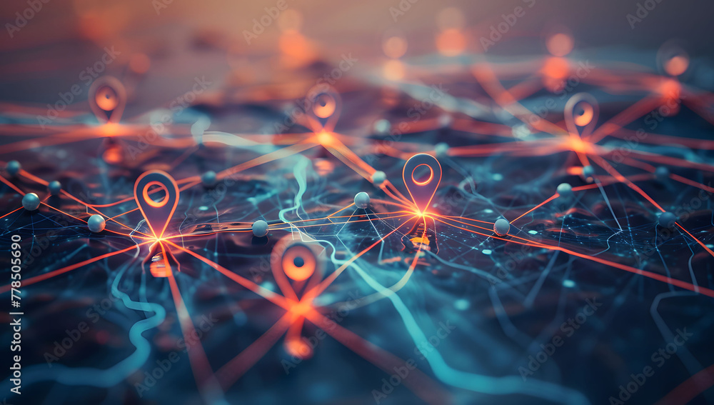 A digital map featuring interconnected location pins, symbolizing global network connectivity ...