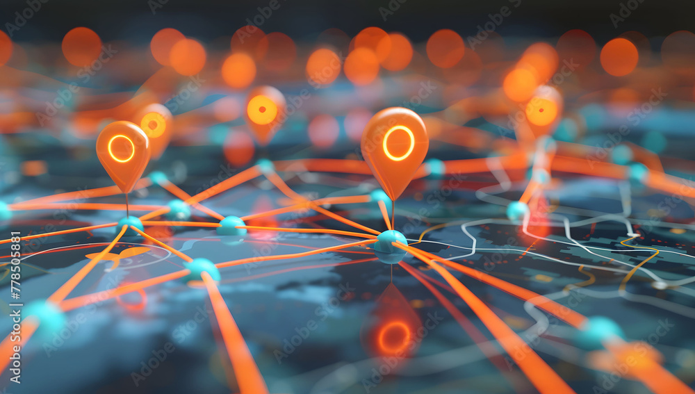 A digital map featuring interconnected location pins, symbolizing ...
