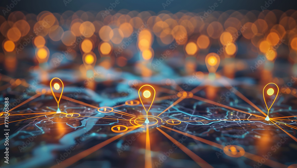 A digital map featuring interconnected location pins, symbolizing global network connectivity ...