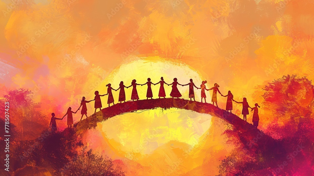 Diverse group forming a bridge of unity under the warm sun and clear ...