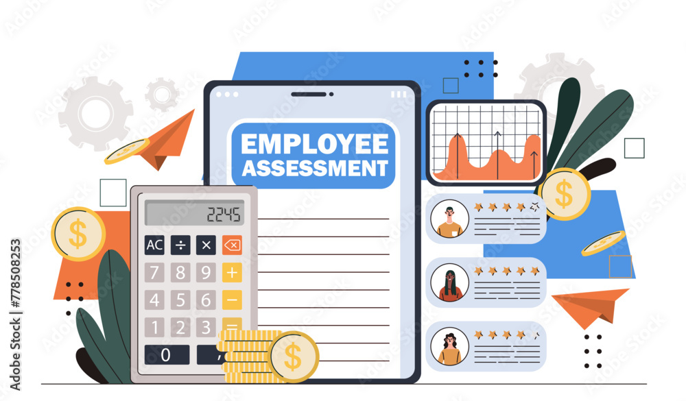 Employee assessment concept. Calculator near golden coins and notepad ...