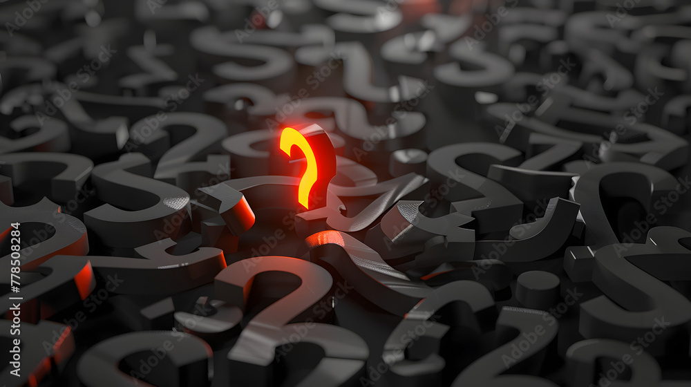 3-dimensional question marks on a black background, red light in the ...