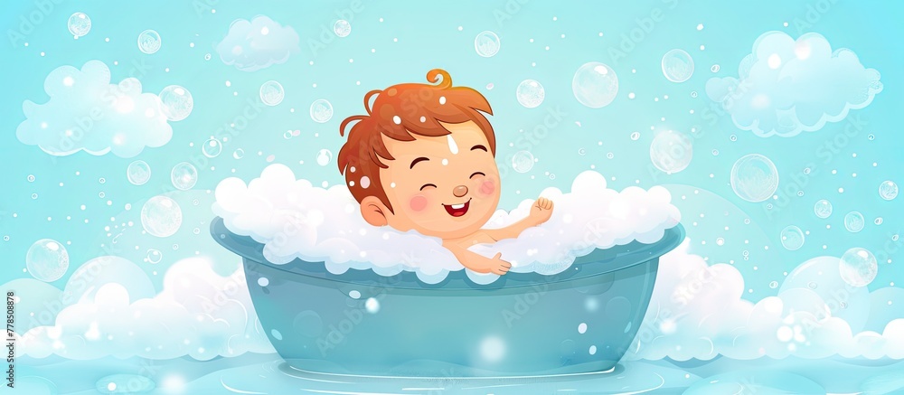 The cartoon boy is happily taking a bath in a tub filled with foamy ...