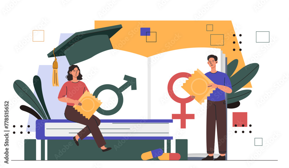 Sexual Education Concept Man And Woman Near Gender Symbols