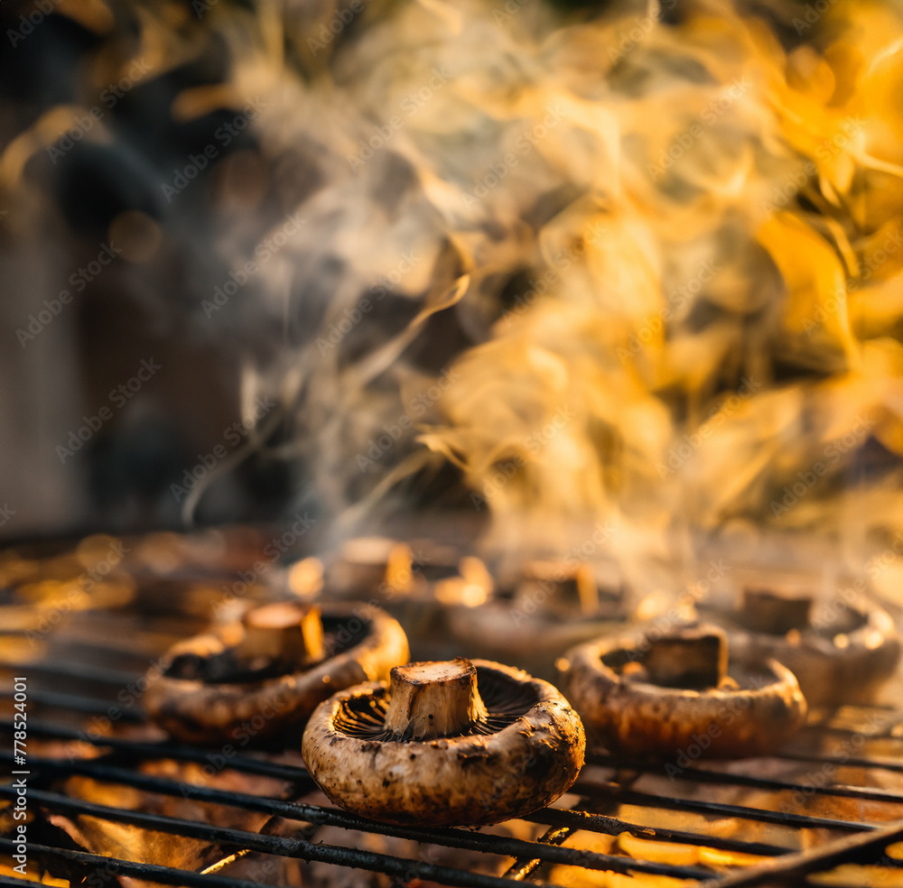A close up square photo of portobello mushrooms on an open charcoal ...