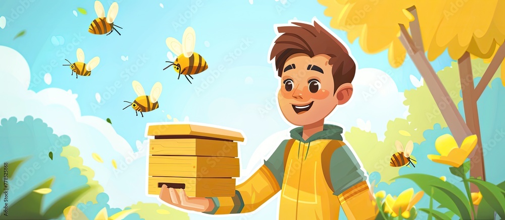 Cartoon illustration of a happy boy holding a beehive with bees around ...