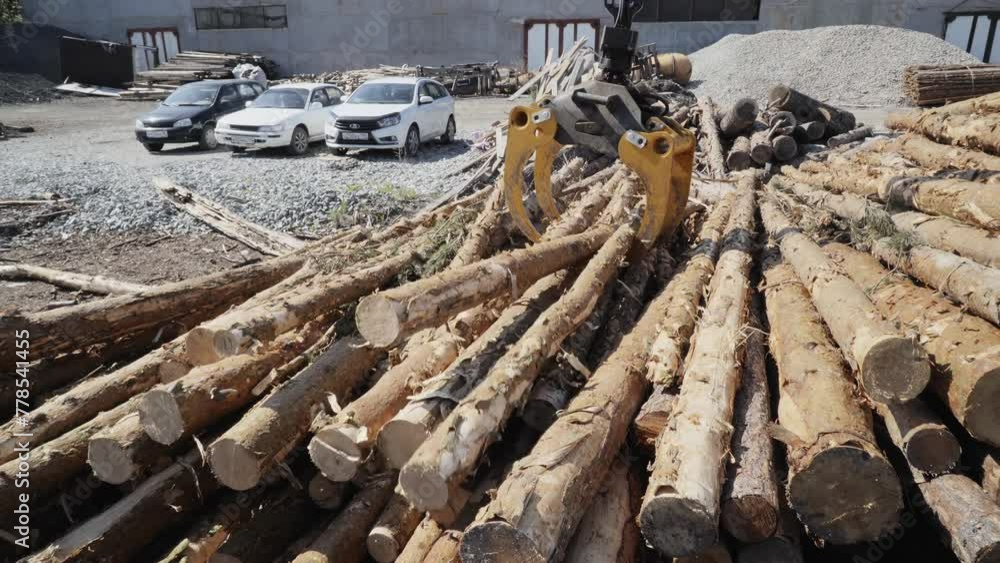 Process Of Stacking Timber Material In Pile By A Logging Machine ...